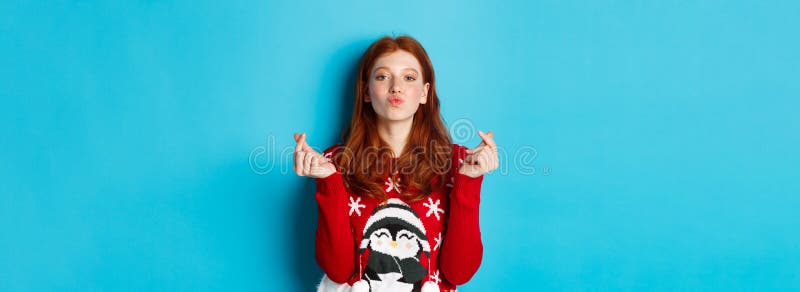 Winter Holidays And Christmas Eve Concept Lovely Redhead Girl In Xmas