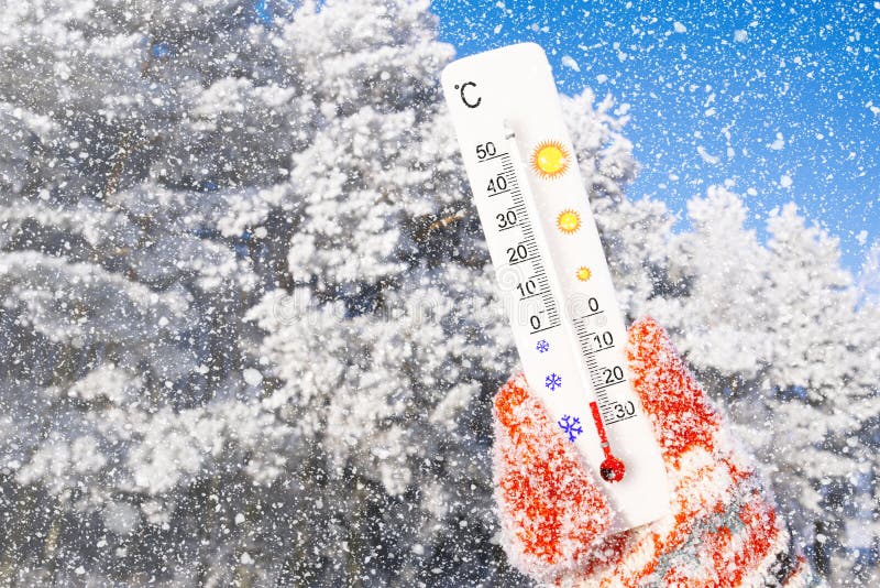 White Celsius Scale Thermometer in Hand. Ambient Temperature Minus 23 ...