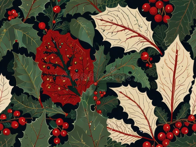 Winter Holly Leaves, Red Berries, Festive Pattern Stock Illustration ...