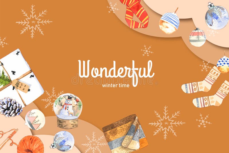 Winter Home Frame Design with Scarf, Socks Watercolor Illustration ...