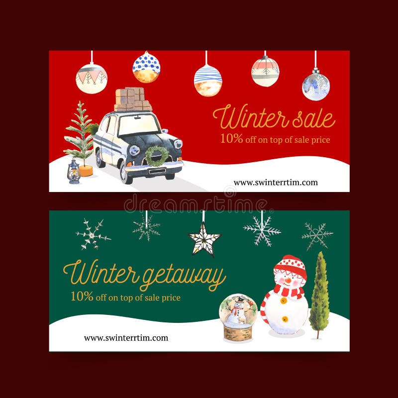 Winter Home Voucher Design with Lantern, Tree Watercolor Illustration ...