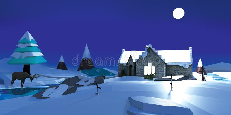 Winter House in an Aggregate and Night Winter Landscape. Low Poly ...