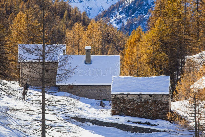 Winter Huts Covered with Snow in the High Mountains Stock Image - Image ...