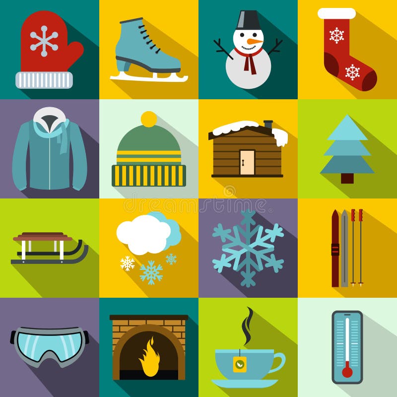 Winter Icons Set, Flat Style Stock Illustration - Illustration of ...