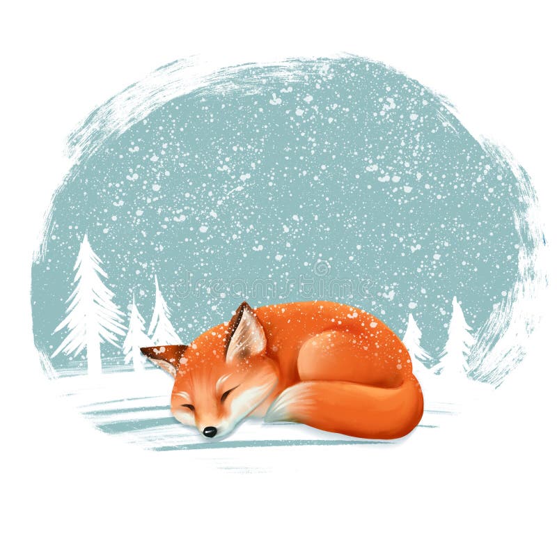 Winter Illustration of Cute Sleeping Fox. Stock Image - Image of poster ...