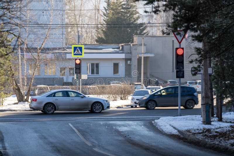 Winter Intersection with Moving Cars in the Suburbs. Stock Image ...