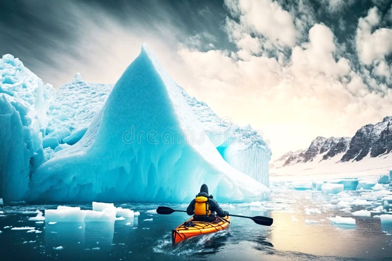 Winter Kayaking in Antarctica Boating among Cold Water and Ice Stock ...