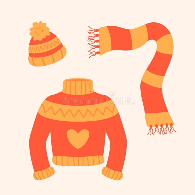 Winter Knitted Clothes. Knitted Pullover, Scarf and Hat. Cozy and Warm ...