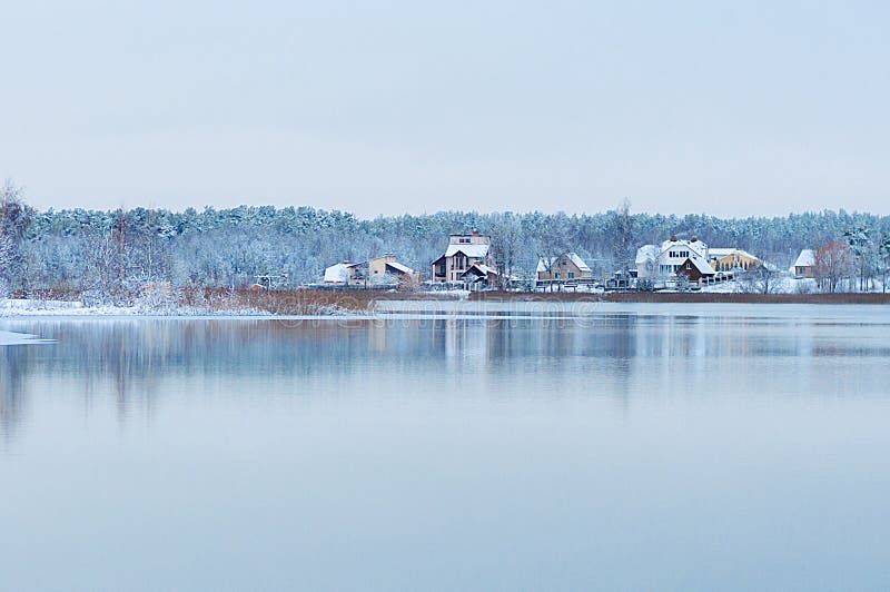 Winter lake house stock image. Image of village, reed - 166290497