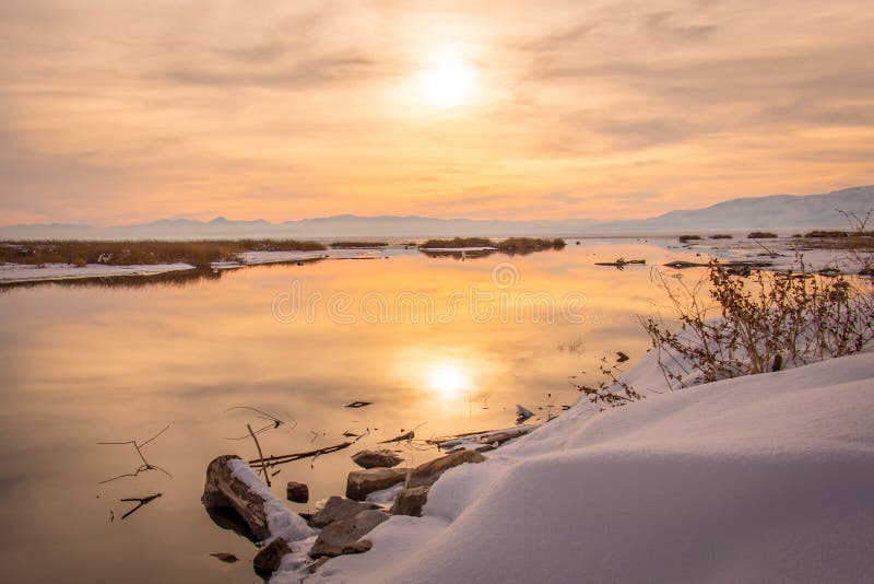 Winter Lake at Sunset stock image. Image of water, sunrise - 190728241