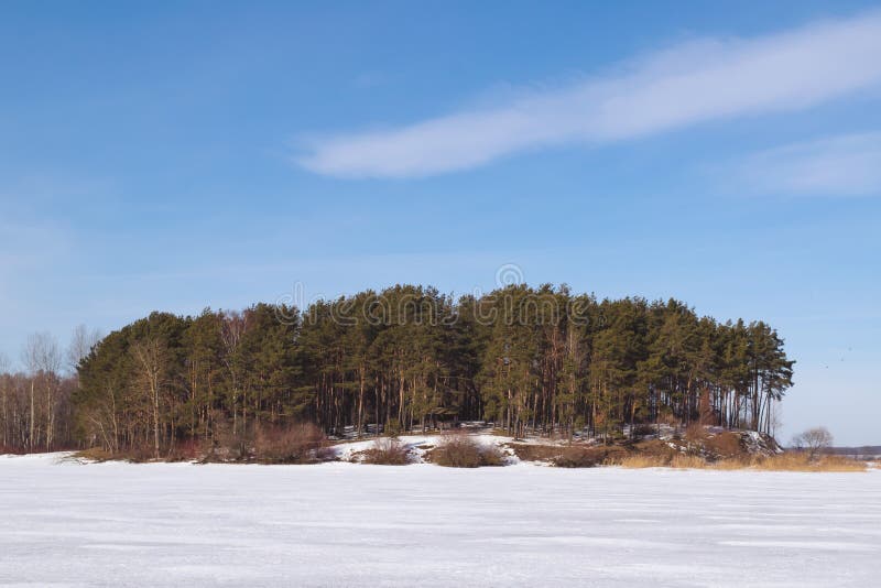 Frozen Lake, Forest and Blue Sky. Winter Landscape Stock Photo - Image ...