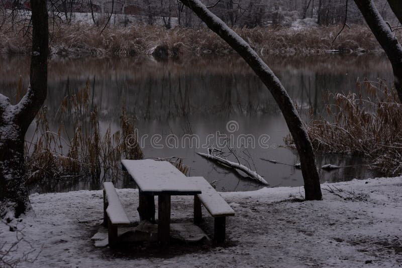 Winter Landscape Bench by the Lake Shore Stock Photo - Image of nature ...