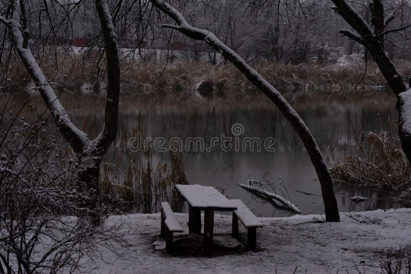 Winter Landscape Bench by the Lake Shore Stock Image - Image of ...