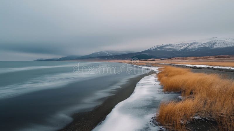 Winter Landscape of Black Sand Beach and Snow-Covered Cliffs in Iceland ...