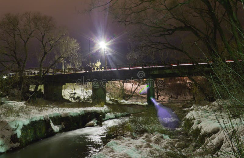 Winter Landscape, the Bridge through the River, Night Shooting. Stock ...