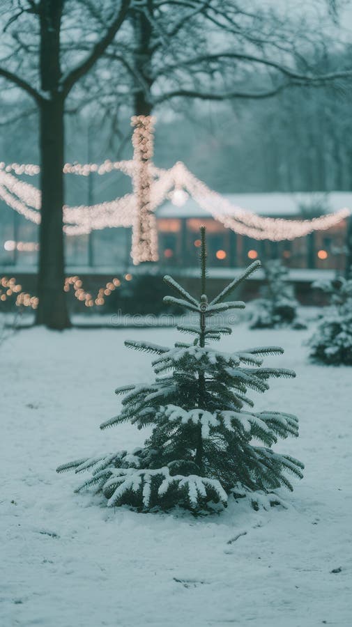 Winter Landscape with Christmas Tree and Lights Near Pavilion Stock ...