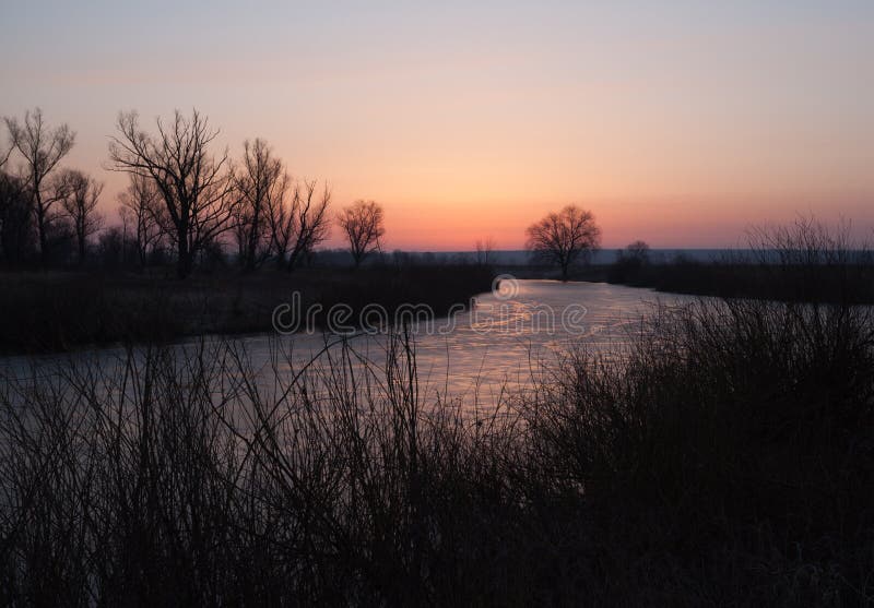 Landscape at Dawn - a Small River in the Fog with Trees and Bushes ...