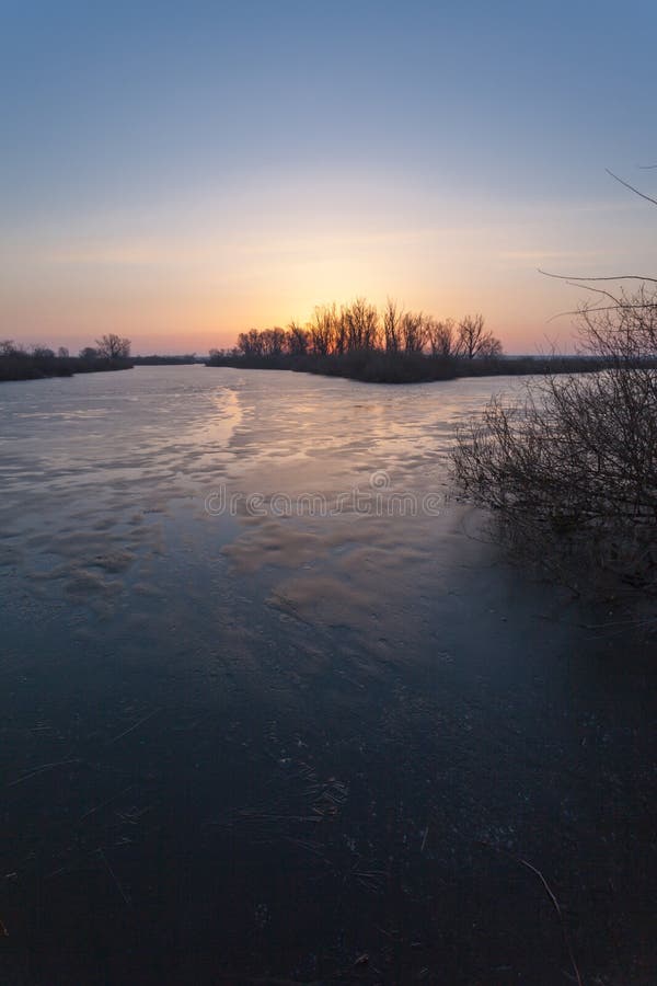 Landscape at Dawn - a Small River in the Fog with Trees and Bushes ...
