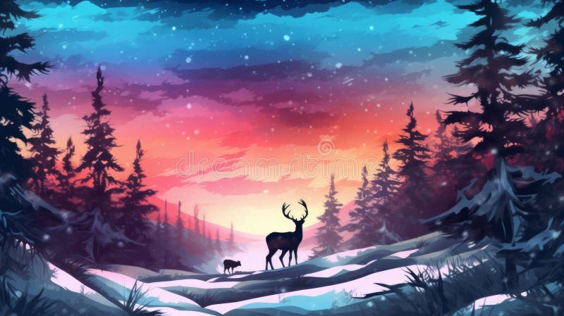 Winter Landscape with a Deer in the Forest at Sunset. Vector ...