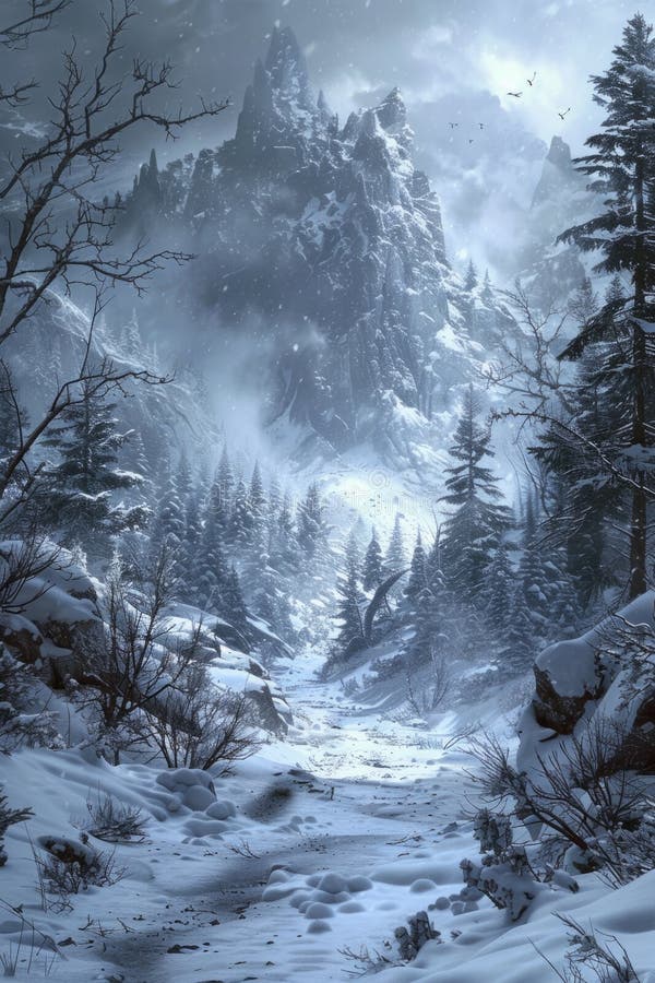 Winter Landscape Depicting a Snowy Path Leading through a Forest ...