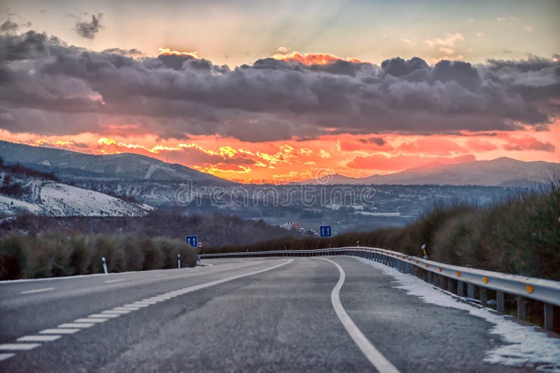 Dramatic Sunset Sunrise Sky Over Empty Freeway. Stock Image - Image of ...