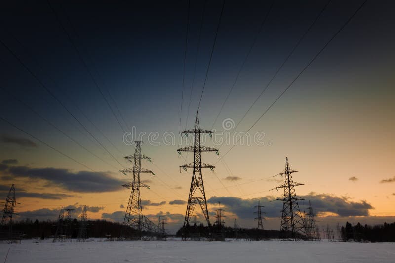 Winter Landscape with Electric Power Lines at Sunset Stock Photo ...