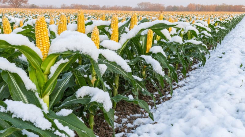 The Winter Landscape Features a Close-up of Dried Corn Stalks Standing ...