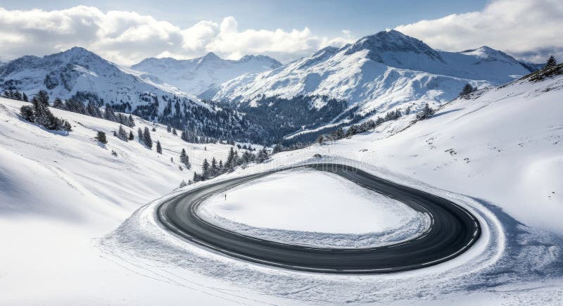 The Winter Landscape Features a Winding Road that Traverses a Snowy ...