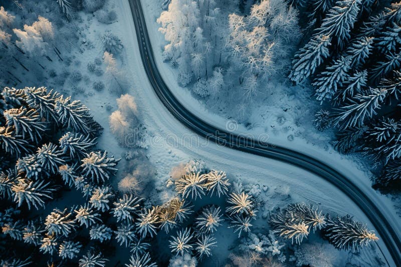 Winter Landscape Featuring a Winding Road through a Dense, Snowy Forest ...
