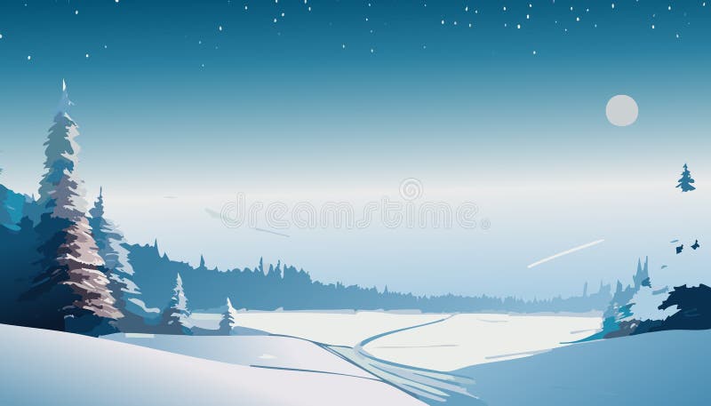 Winter Landscape with Fir Trees, Snow and Moon. Vector Illustration ...