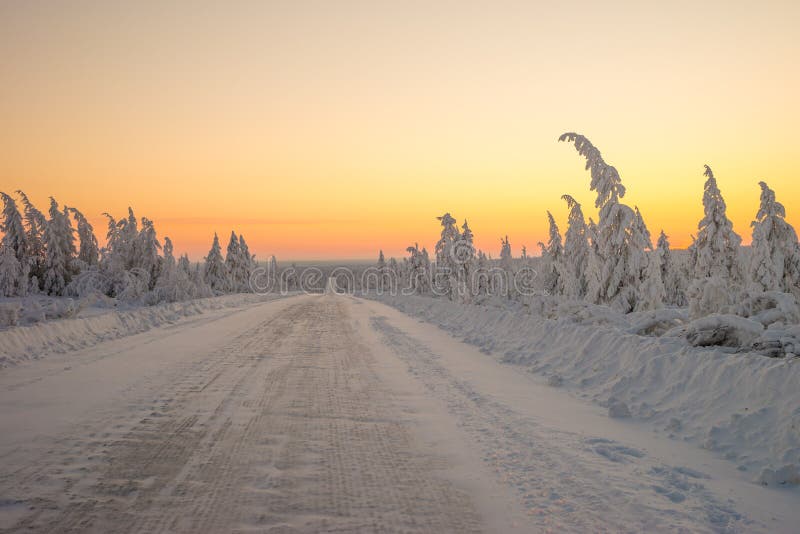 Winter Landscape with Forest, Cliffs and Sunset. Winter Road Stock ...