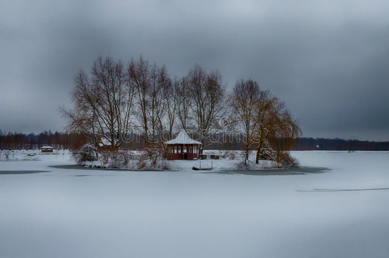 The Winter Landscape with Forest, Lake in the Bad Weather Condition ...
