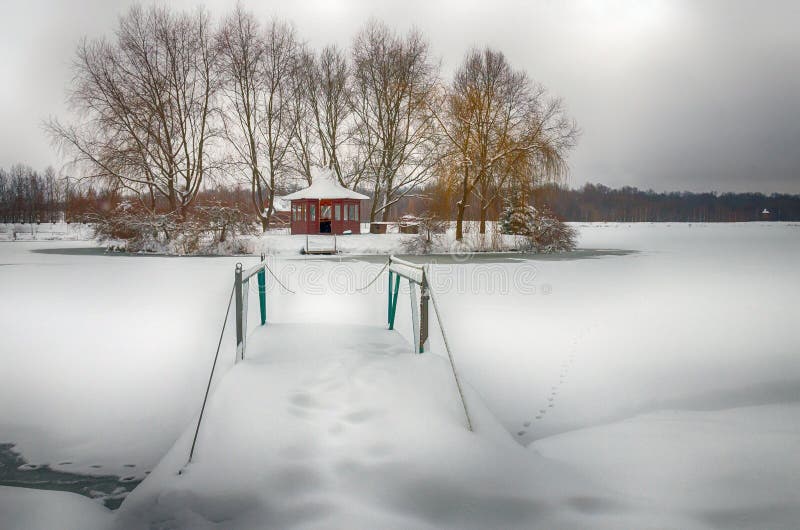 The Winter Landscape with Forest, Lake in the Bad Weather Condition ...