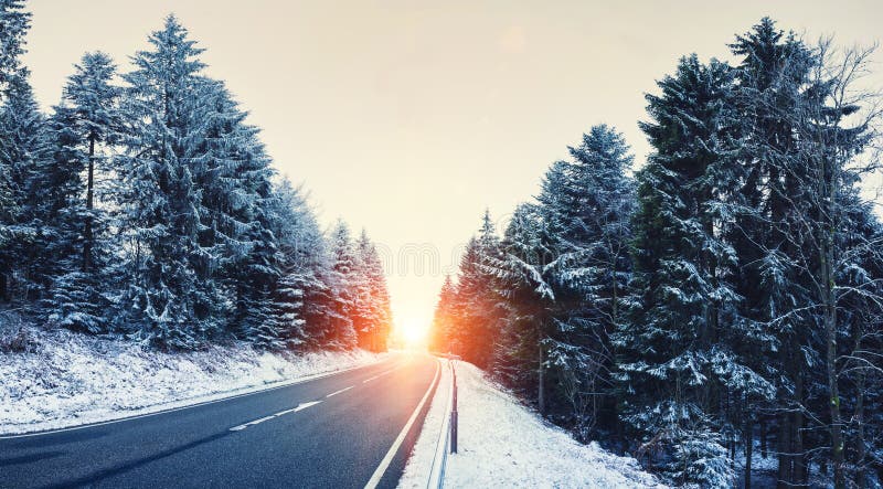 Winter Landscape, Winter Forest, Winter Road and Trees Covered with ...