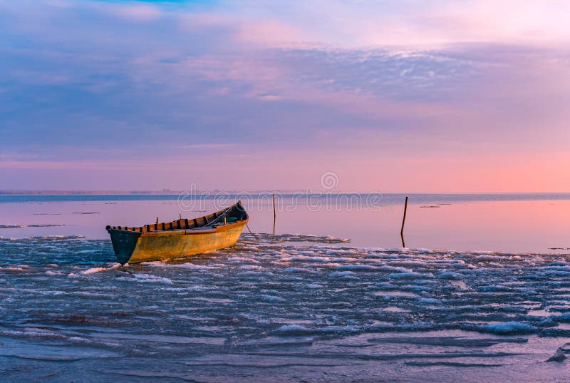 Winter Landscape with Frozen Boat Stock Photo - Image of cold, water ...
