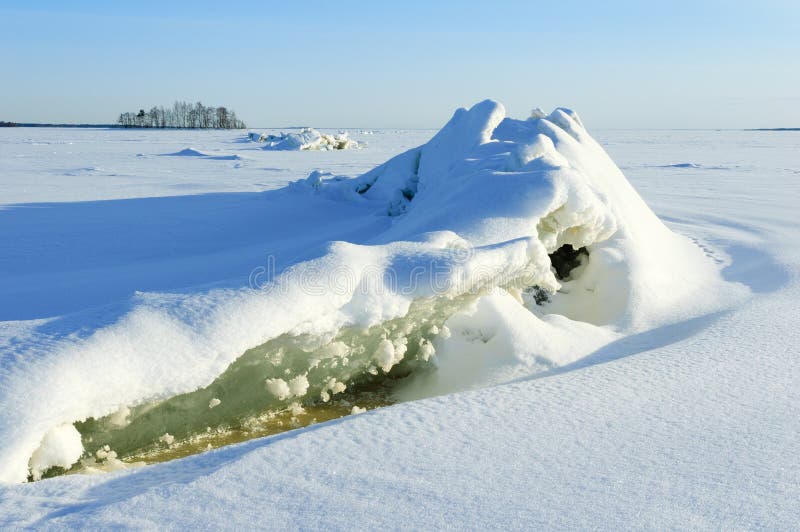 Winter Landscape. Frozen Lake with Cracking Ice Stock Photo - Image of ...