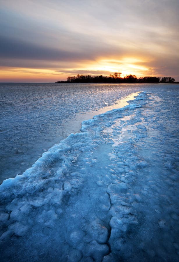 Winter Landscape with Frozen Lake and Sunset Sky. Stock Image - Image ...