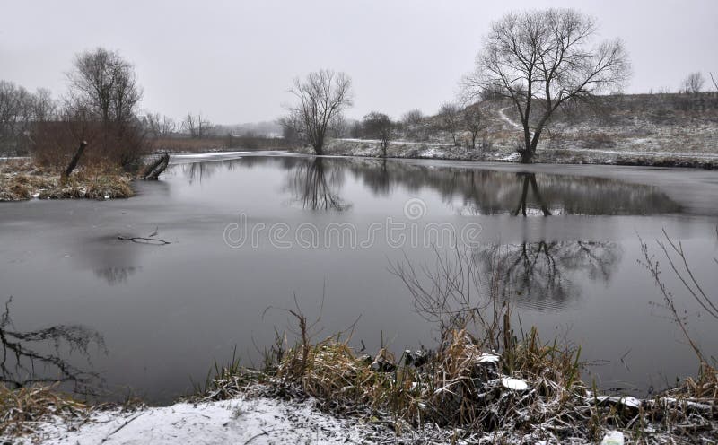 Winter Landscape on Frozen Lake Stock Image - Image of weather, light ...