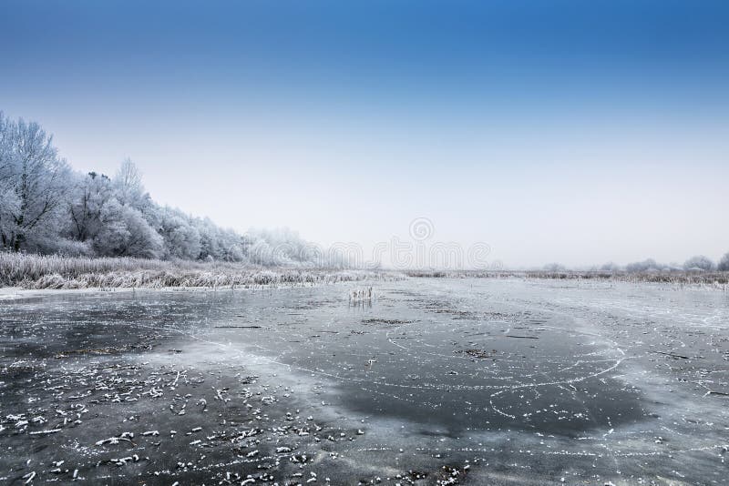 Winter Landscape with Frozen Pond. Stock Image - Image of shore, frost ...