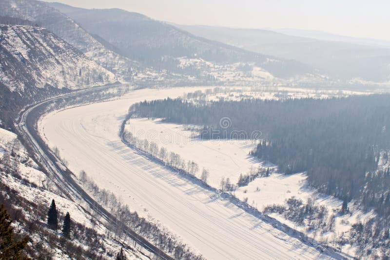 Winter Landscape with Frozen River and Snow Stock Photo - Image of ...
