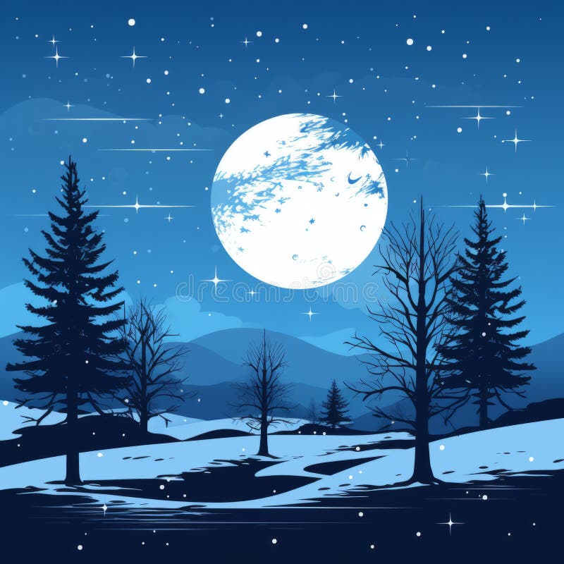 Winter Landscape with Full Moon and Trees Stock Illustration ...