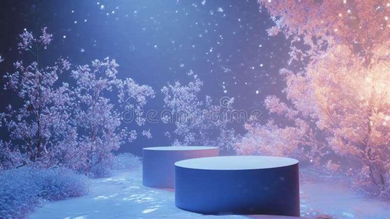 Winter Landscape with Glowing Trees and Circular Platforms Under ...