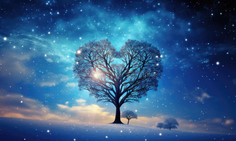 Winter Landscape with Heart Shaped Tree and Moonlight Stock ...