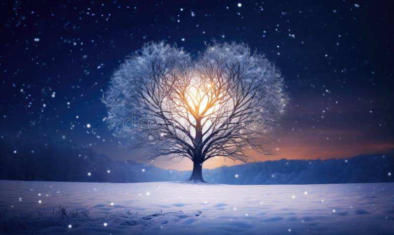 Winter Landscape with Heart Shaped Tree and Moonlight Stock Photo ...