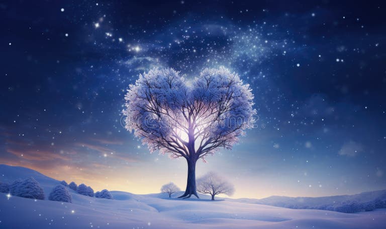 Winter Landscape with Heart Shaped Tree and Moonlight Stock Image ...