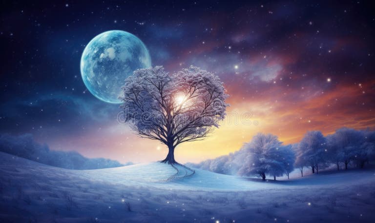 Winter Landscape with Heart Shaped Tree and Moonlight Stock Image ...
