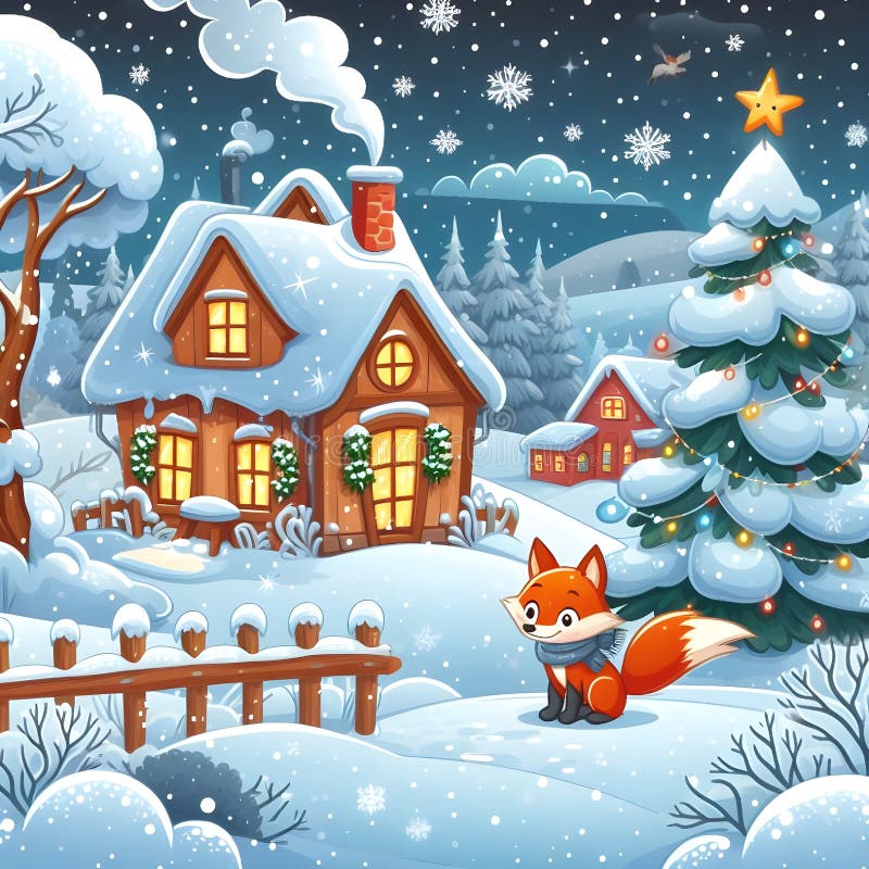 Winter Landscape with a House and a Fox Stock Illustration ...