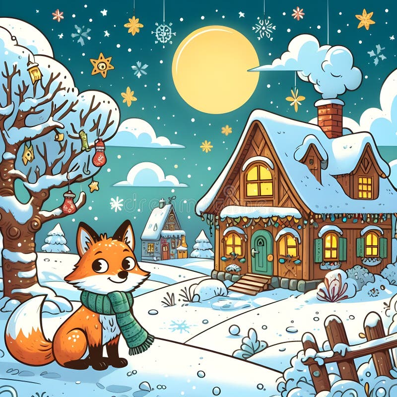 Winter Landscape with a House and a Fox Stock Illustration ...