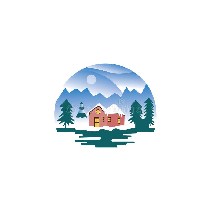 Winter Landscape House Tree Snow Mountain Logo Design Vector ...