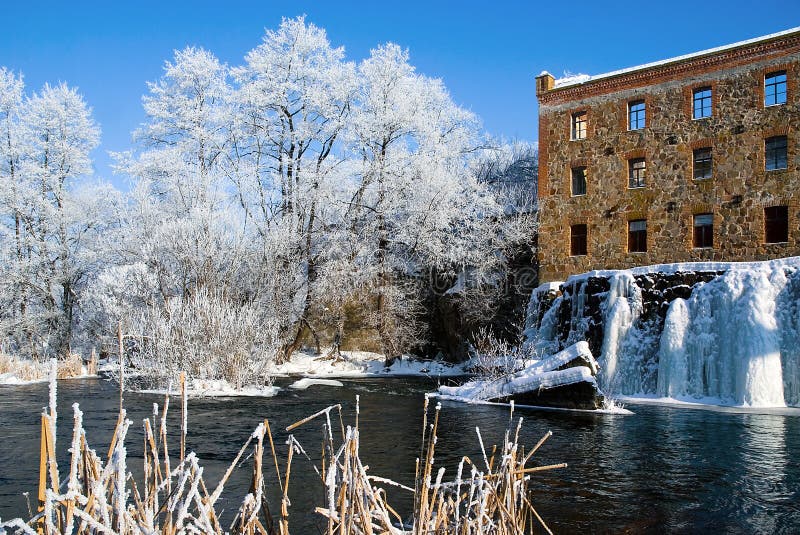 Winter Landscape with Icy River Dam Stock Photo - Image of reflection ...